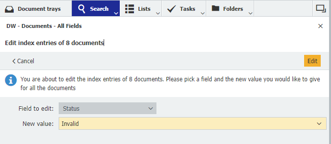 How to change index entries for 100+ documents at once